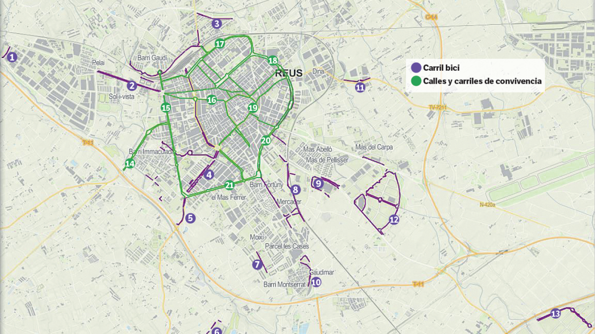 Un mapa virtual de Reus muestra la red de carriles bici de la ciudad